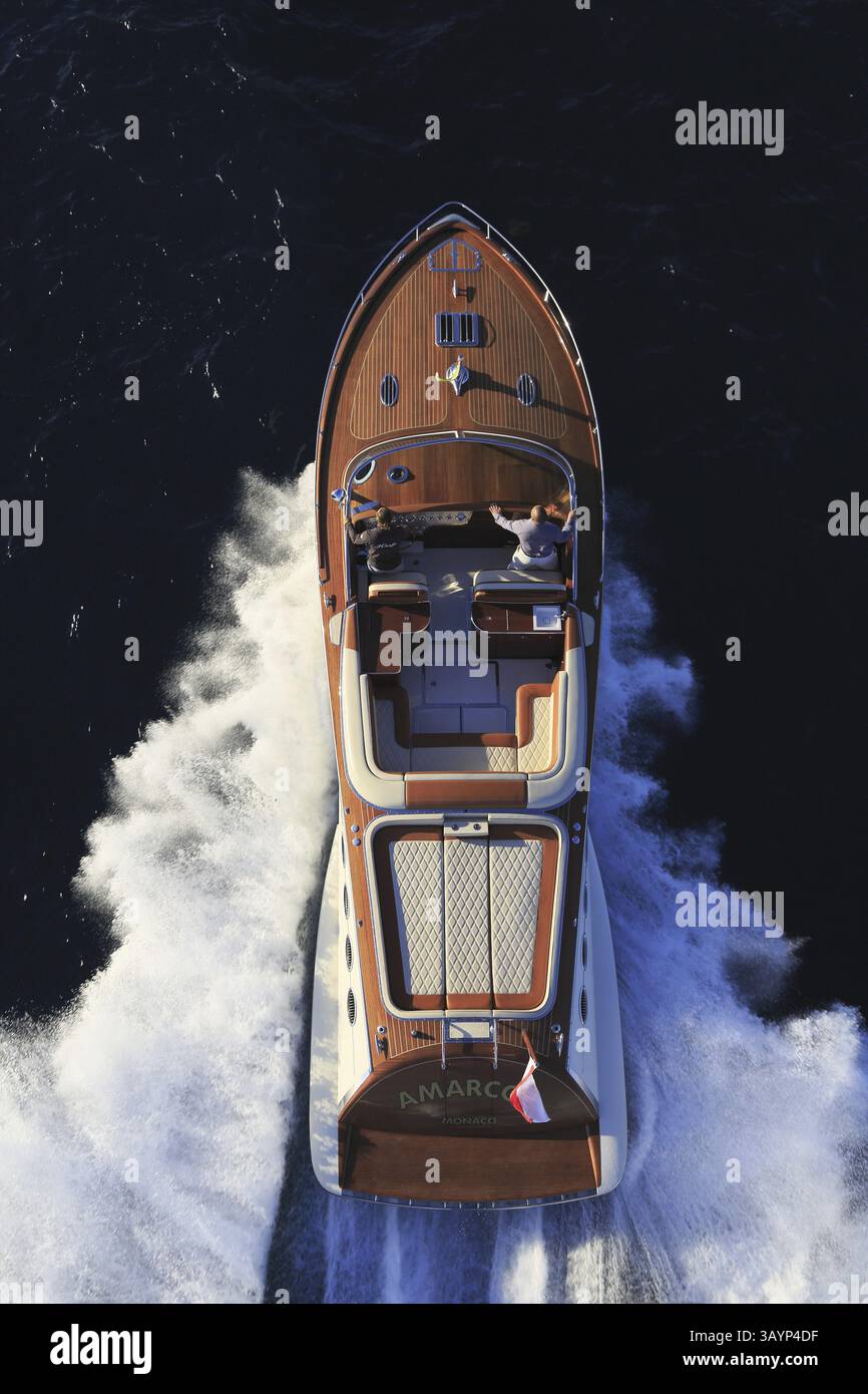 Aerial view sports boat J Craft 42 Torpedo R at full speed on the Cote ...