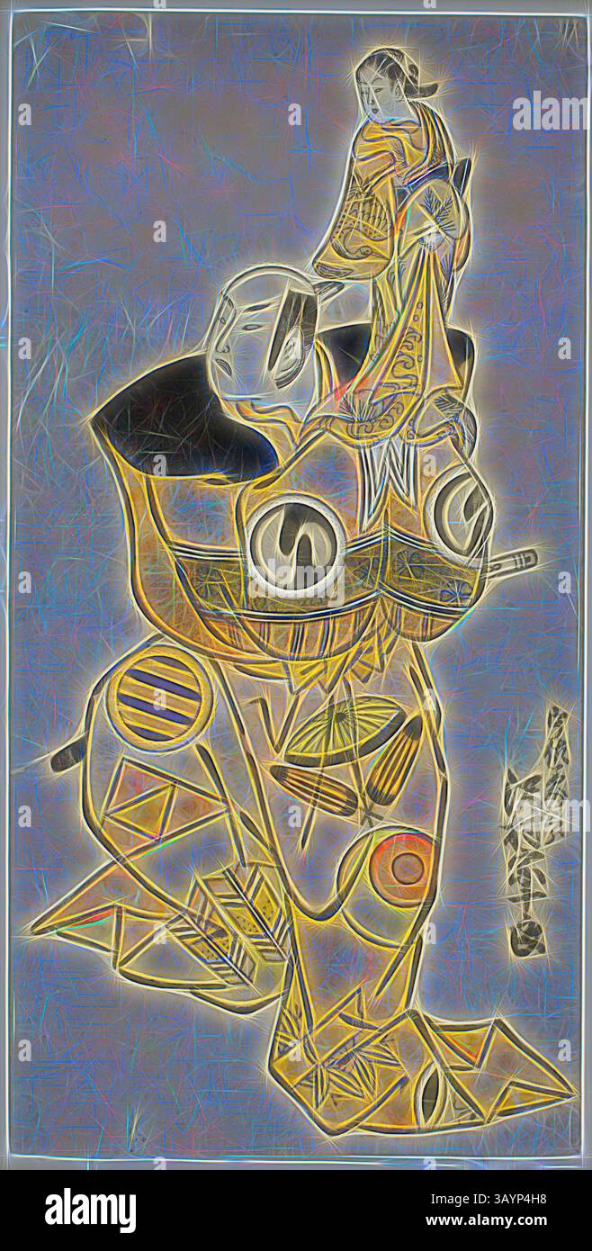 A stylized depiction of a traditional figure carrying another, adorned ...