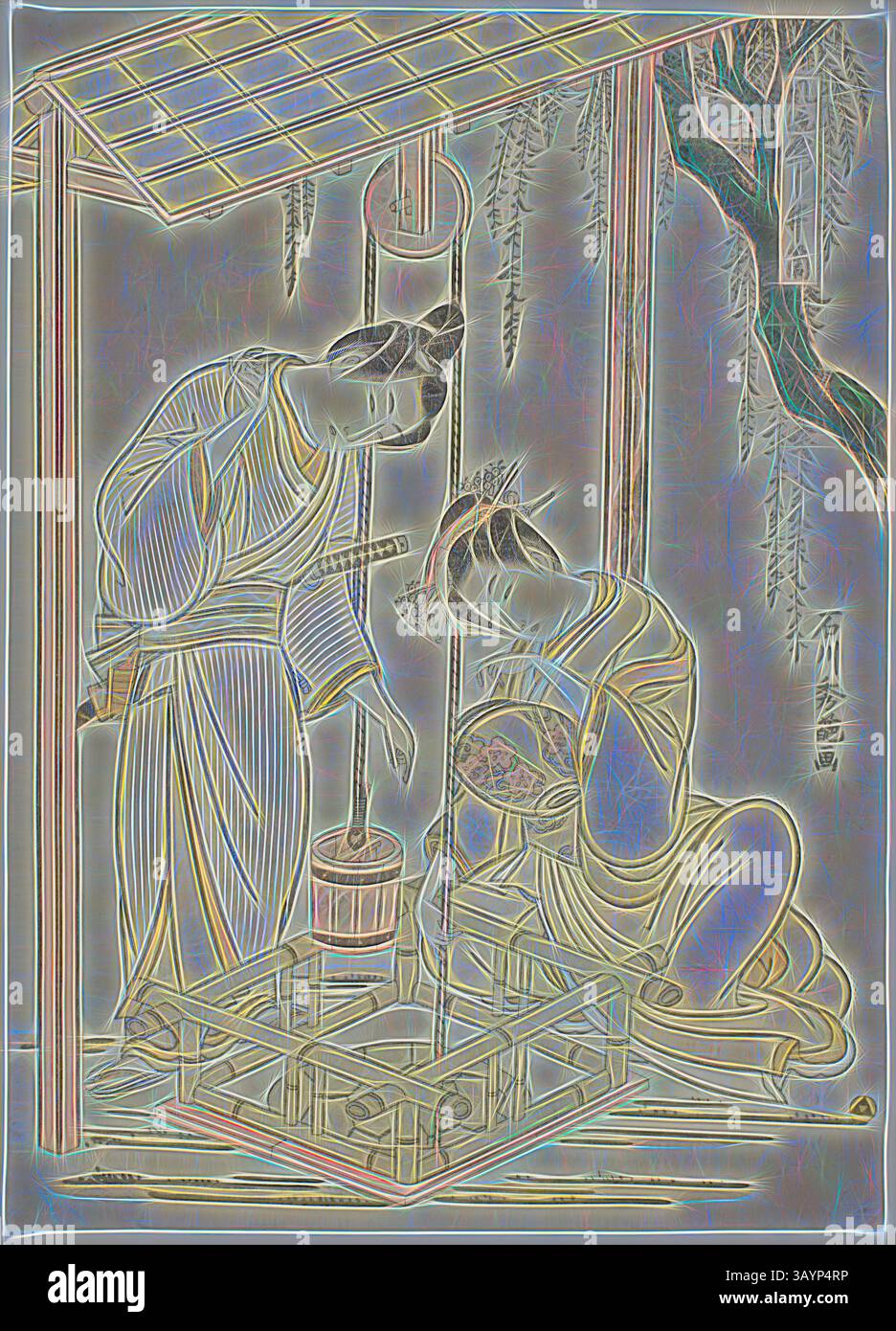 Two figures are depicted beside a well, engaged in a serene moment. One ...