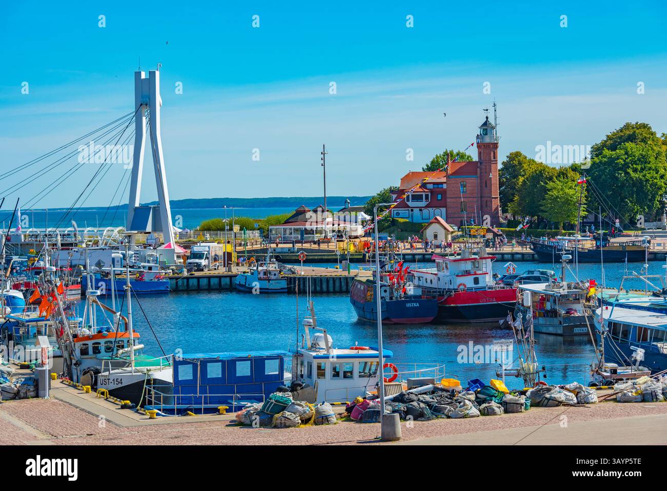 Ustka, Poland, August 14, 2024: Panorama of the port of Ustka ...