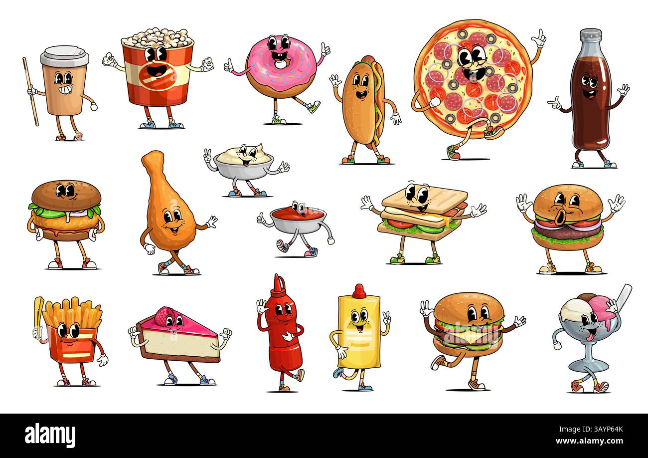Retro groovy fast food characters of vector funny burger, pizza, drinks ...