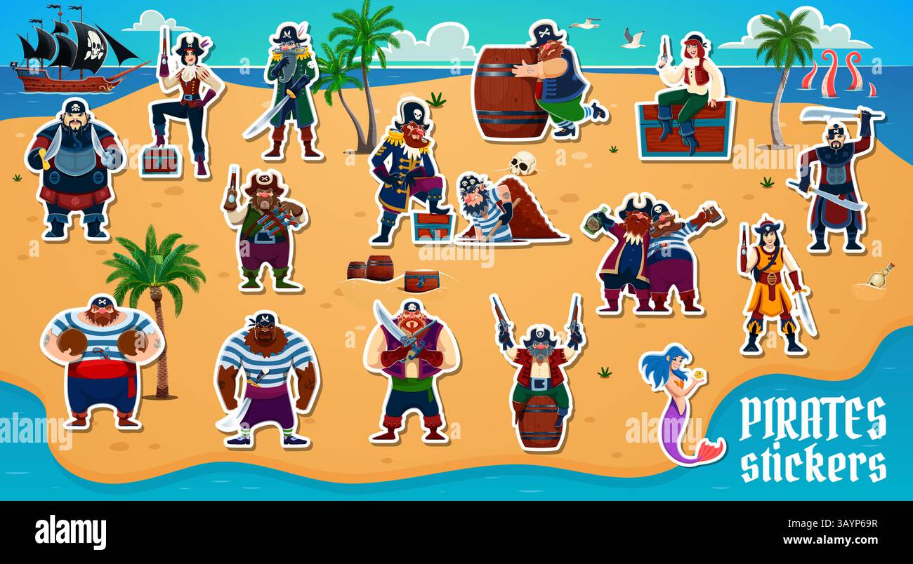 Cartoon pirate and corsair characters stickers pack. Vector patches with funny rovers. Captain ...