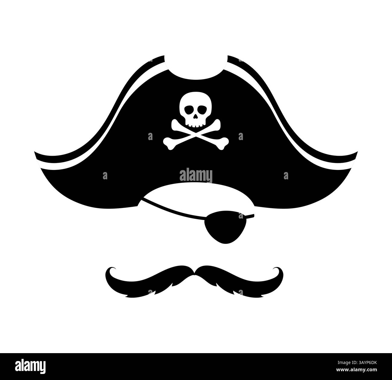 Pirate captain photo booth mask with black tricorn hat, mustache and an eye patch. Isolated ...