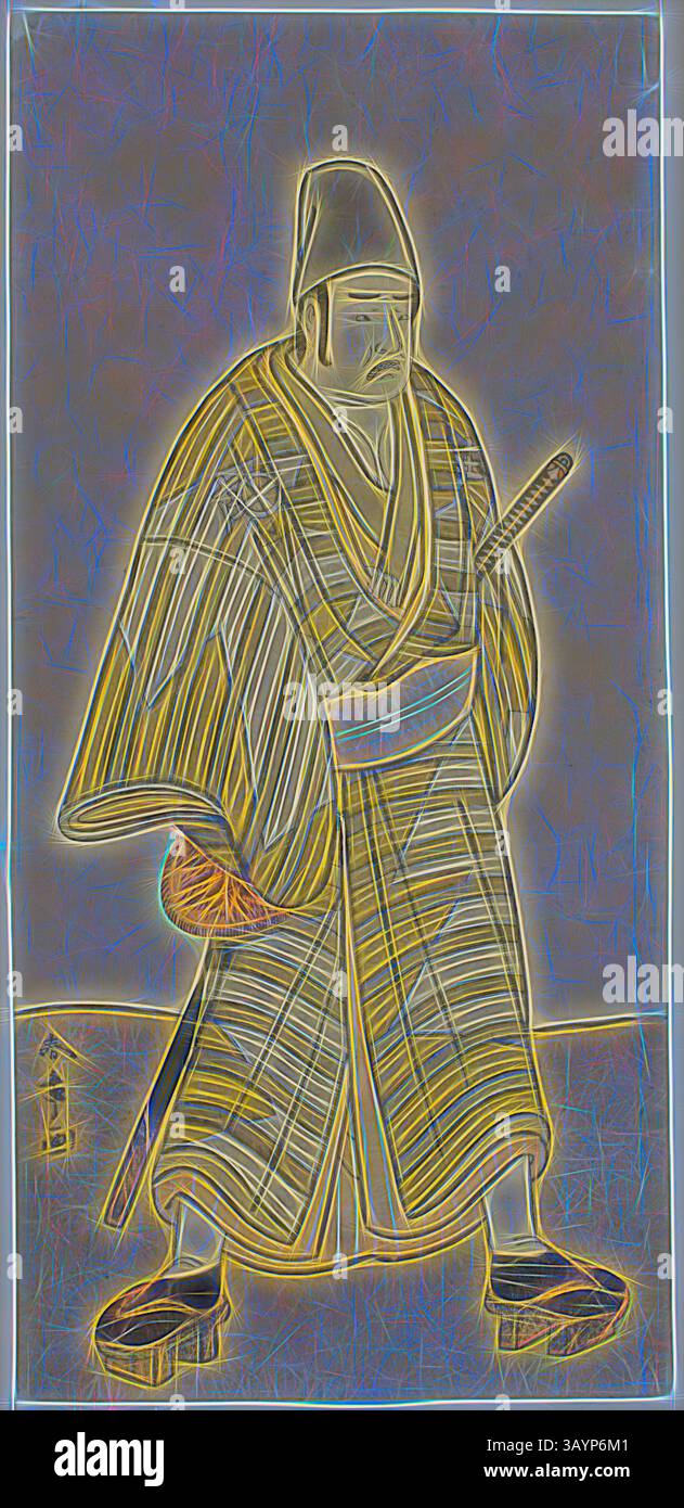 A figure dressed in traditional samurai attire stands poised, holding a ...