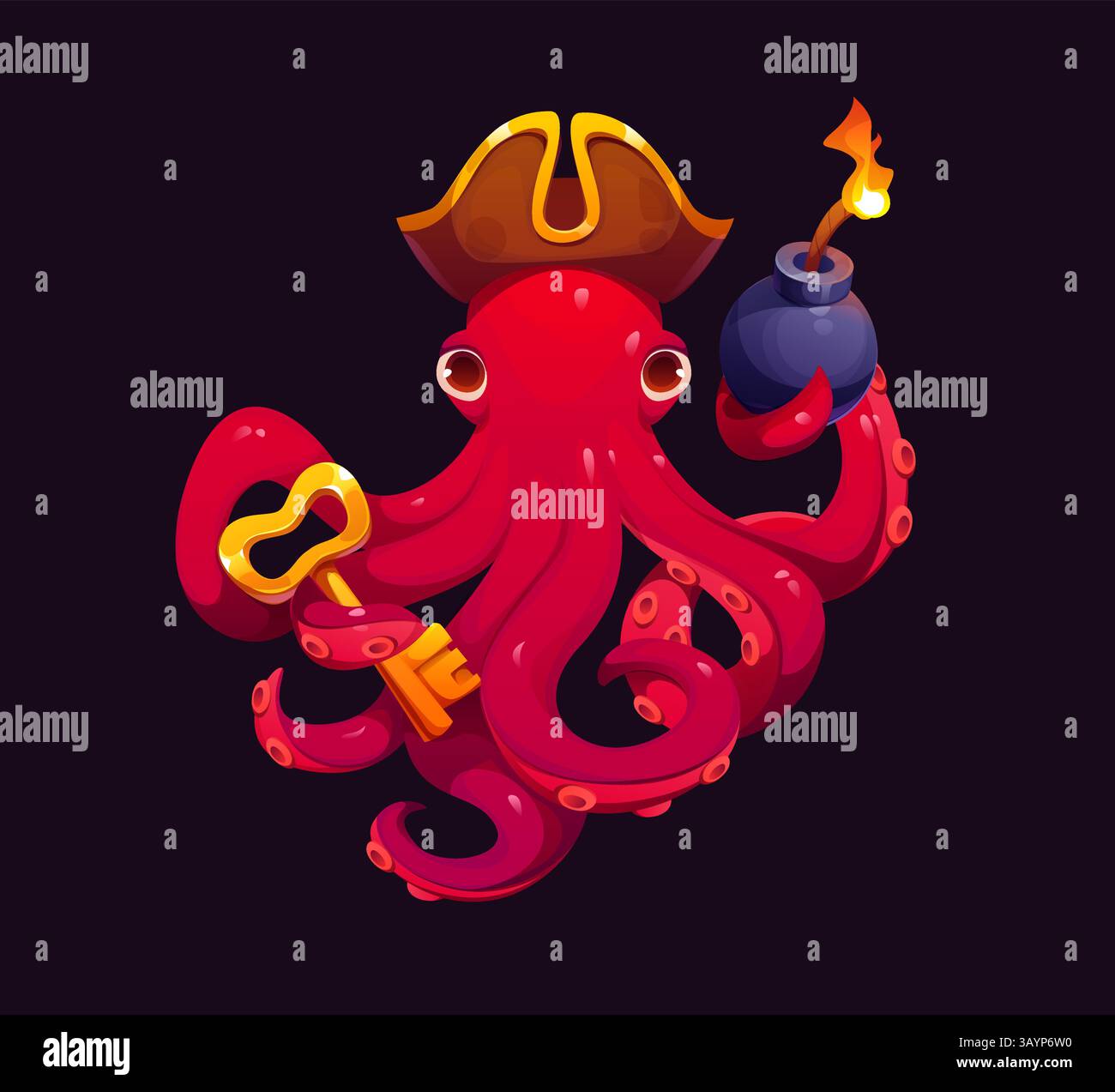 Cartoon octopus pirate with golden key and hand bomb. Vector kraken ...