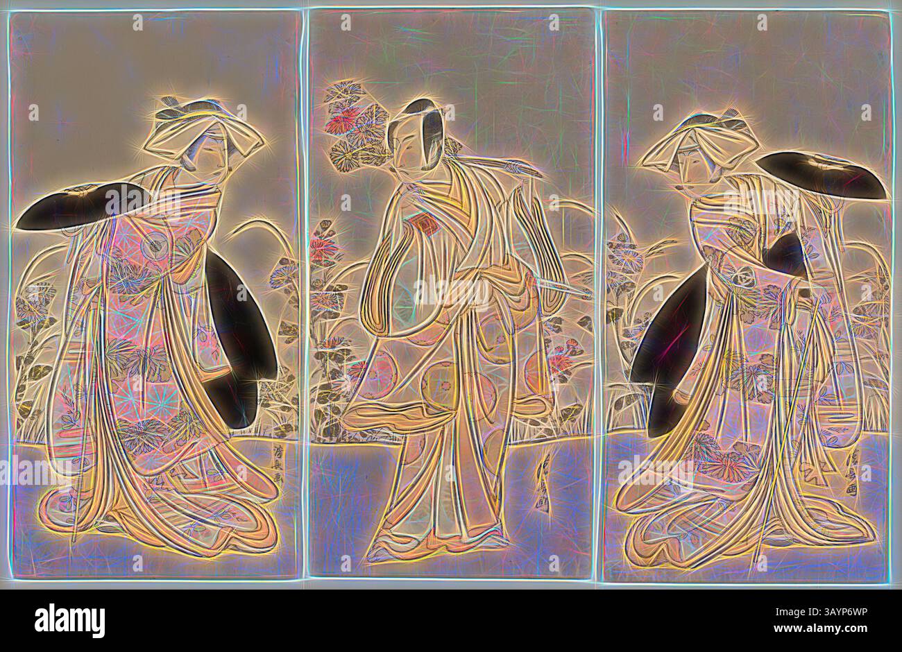 A triptych featuring elegantly dressed figures inspired by traditional ...