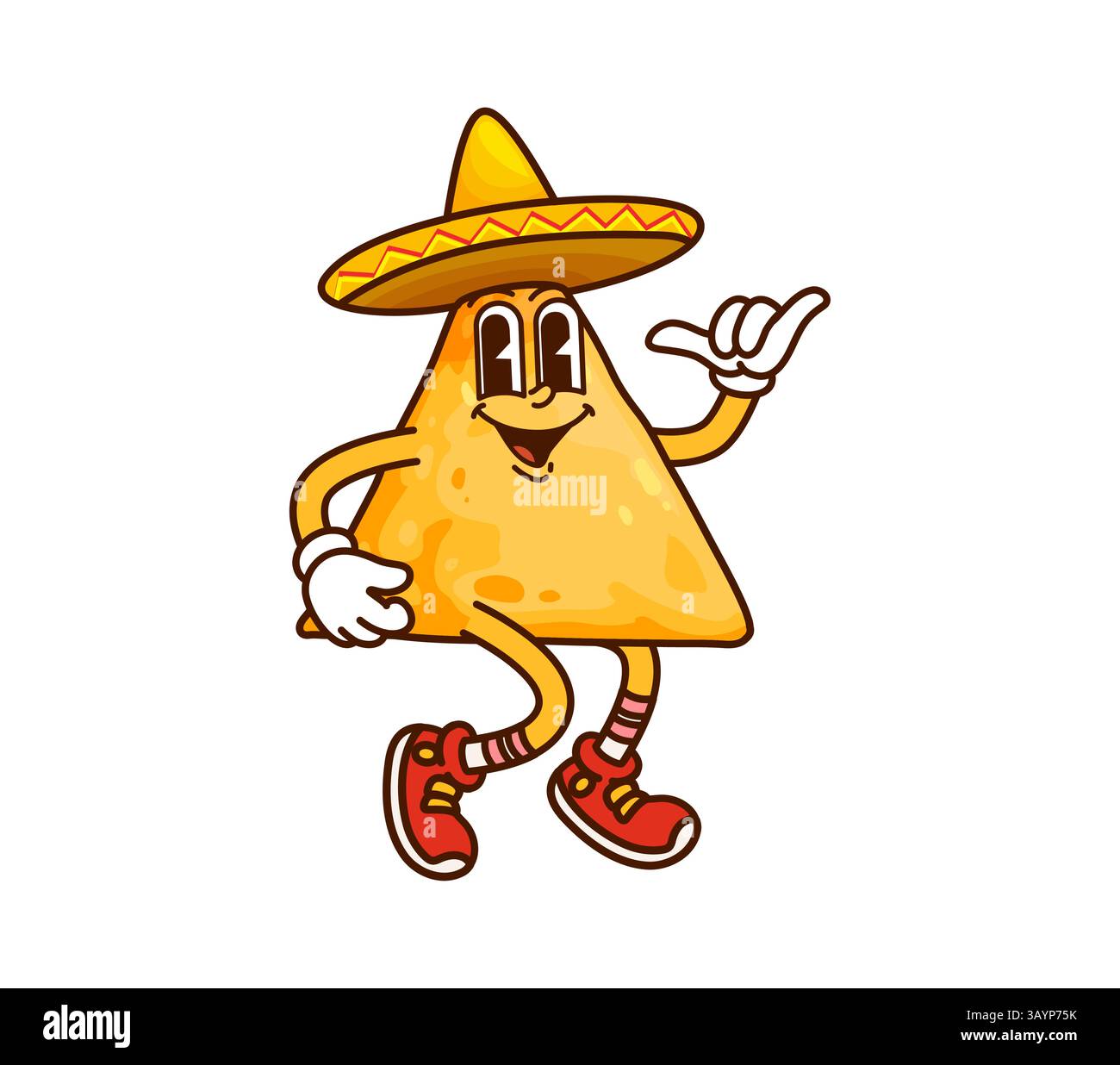 Cartoon groovy Mexican nachos chip character wearing a sombrero and ...