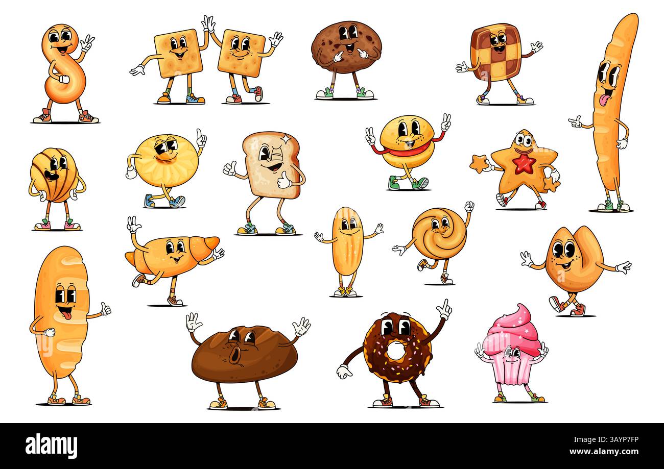 Funny groovy bread and bakery desserts characters, vector cartoon ...