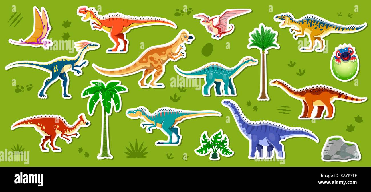 Prehistoric dinosaur and reptile stickers set. Vector patches pack with ...