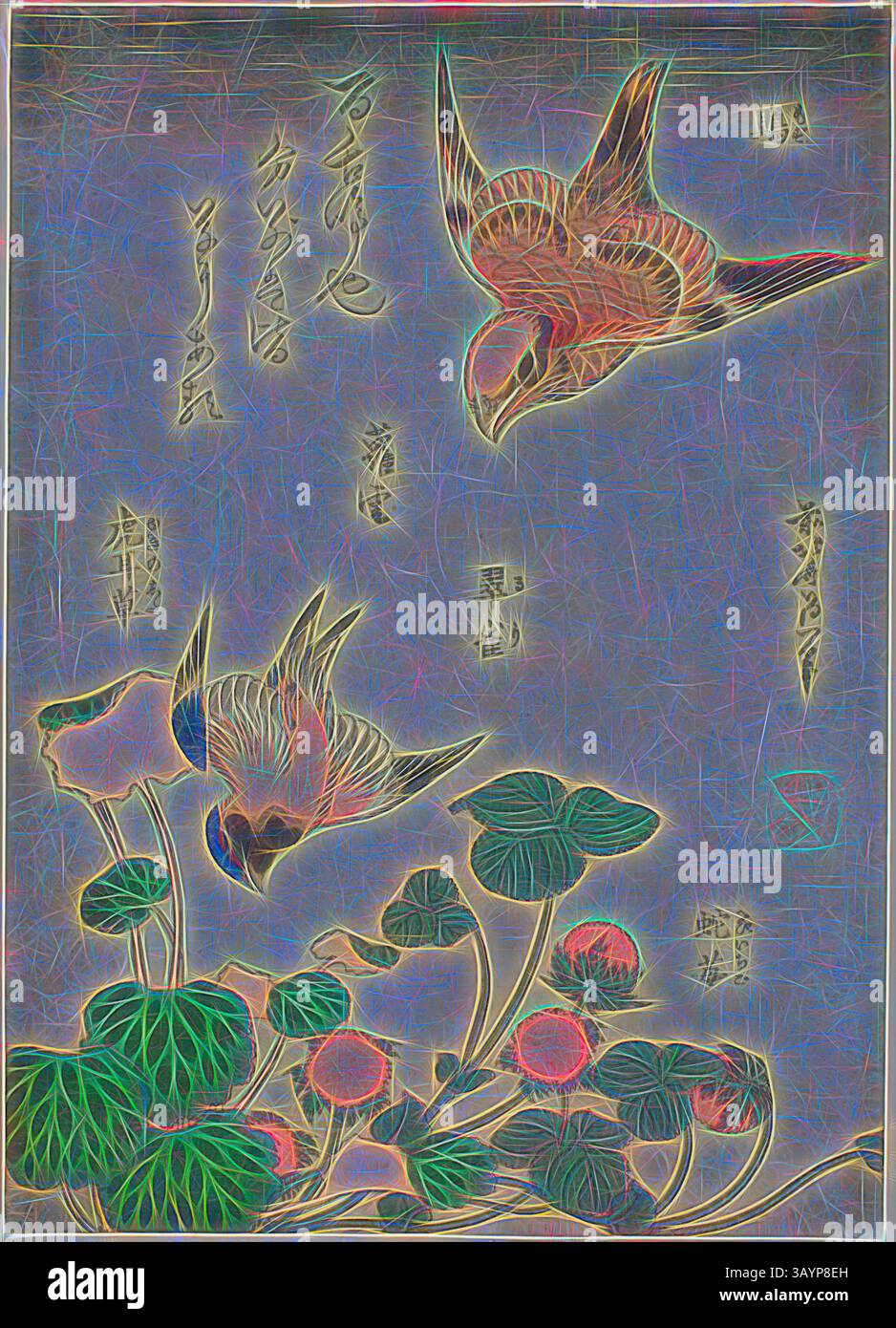 A dynamic scene featuring two birds in flight above delicate flowers ...