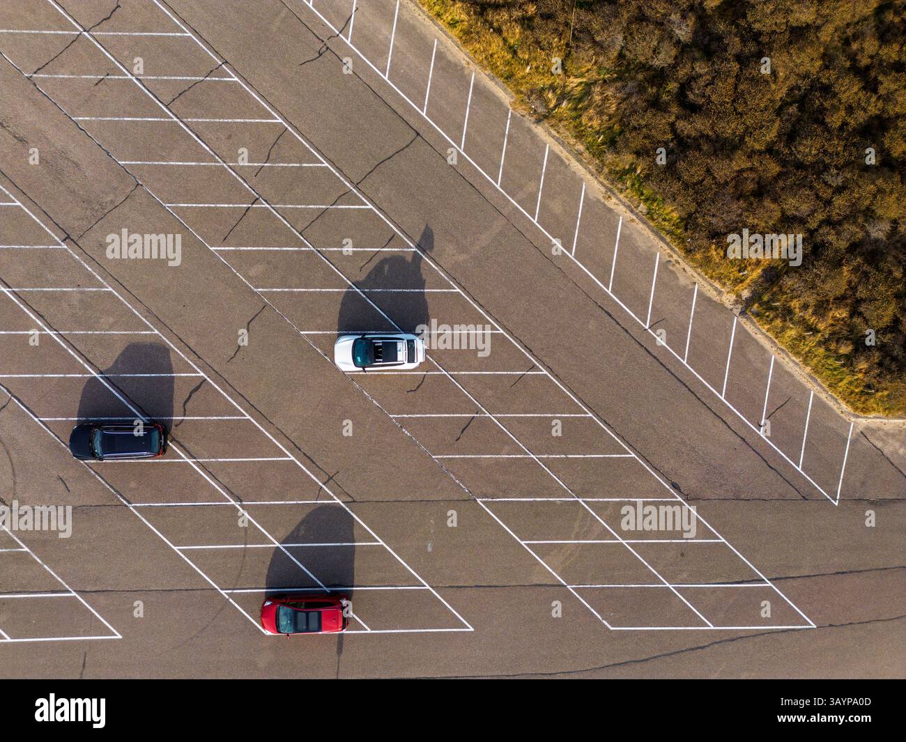 Aerial view of a large, organized parking lot filled with colorful cars ...