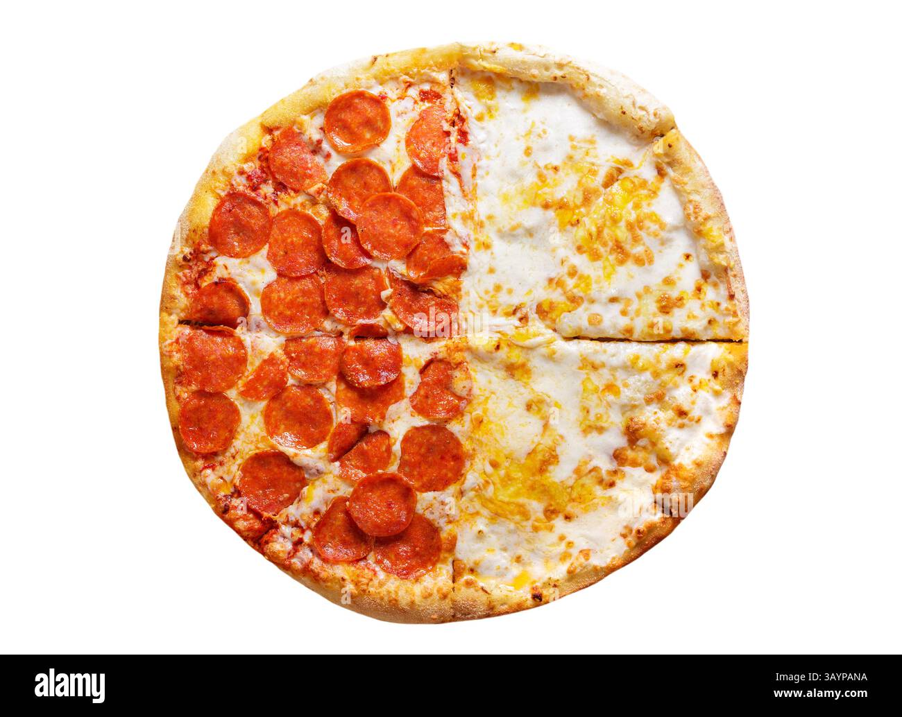 half pepperoni and half cheese pizza isolated on white background, top ...