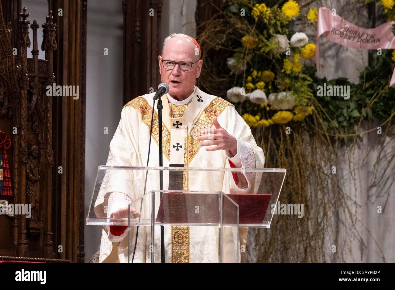New York, New York, USA. 22nd Apr, 2025. Cardinal Timothy Dolan leads ...