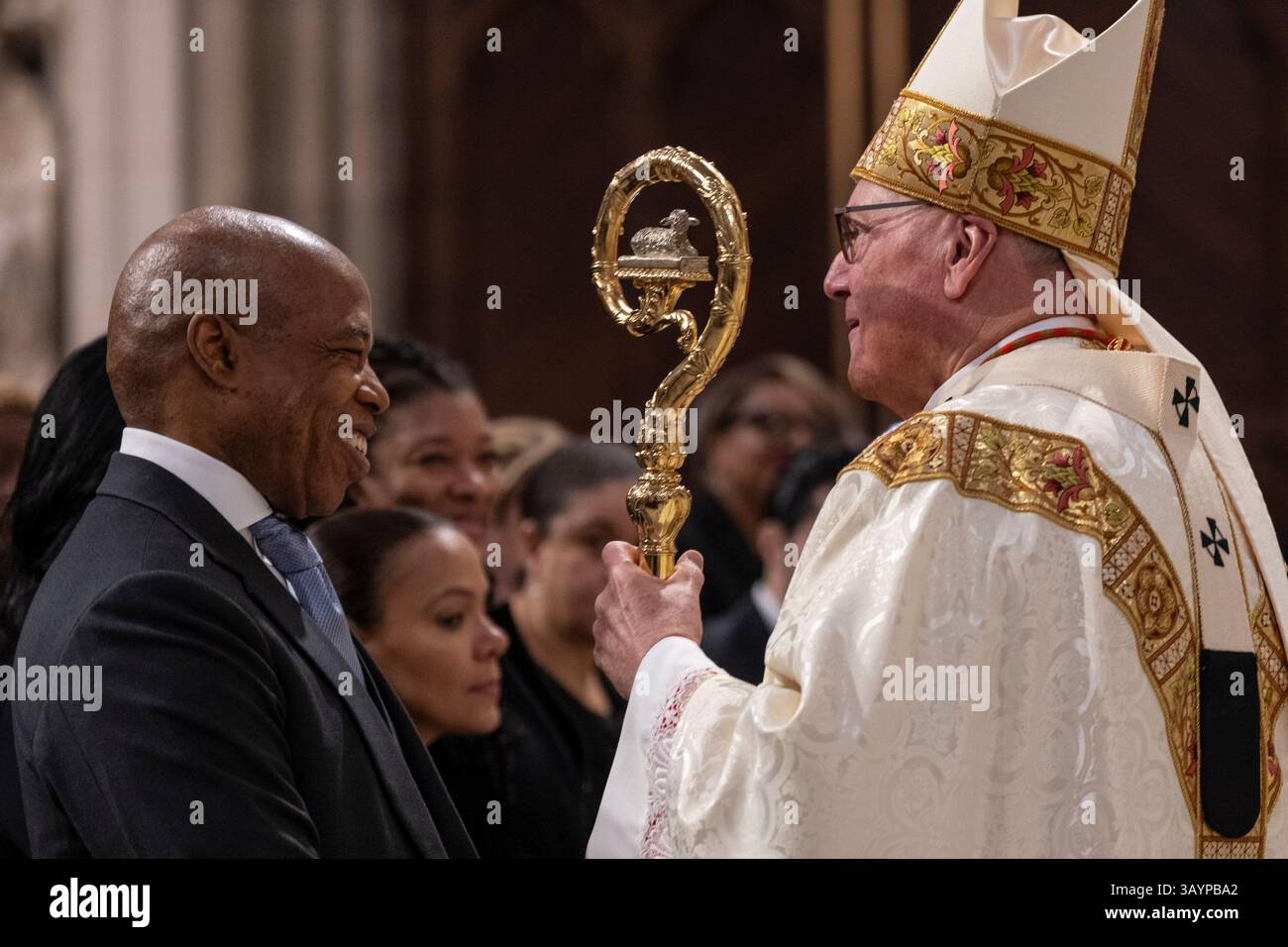 New York, NY, April 22, 2025: Mayor Eric Adams speaks to Cardinal ...