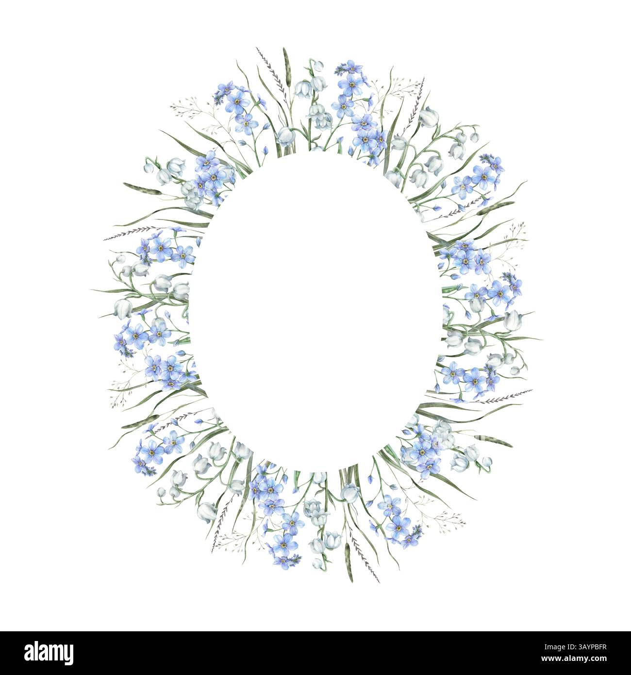 Oval floral frame of blue forget-me-nots, white lilies of the valley ...