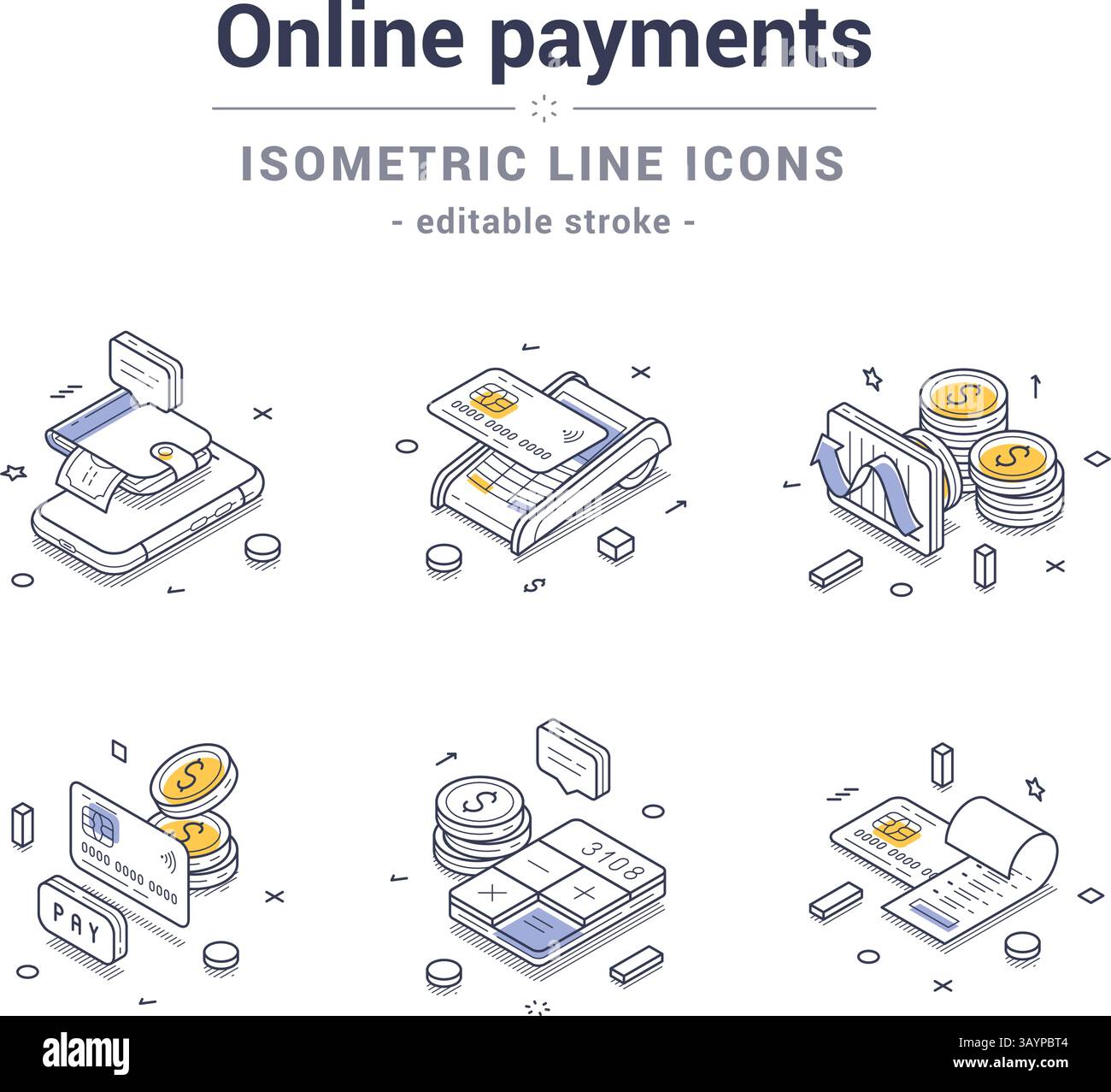 Isometric Line Icon Collection For Online Payments Featuring Symbols