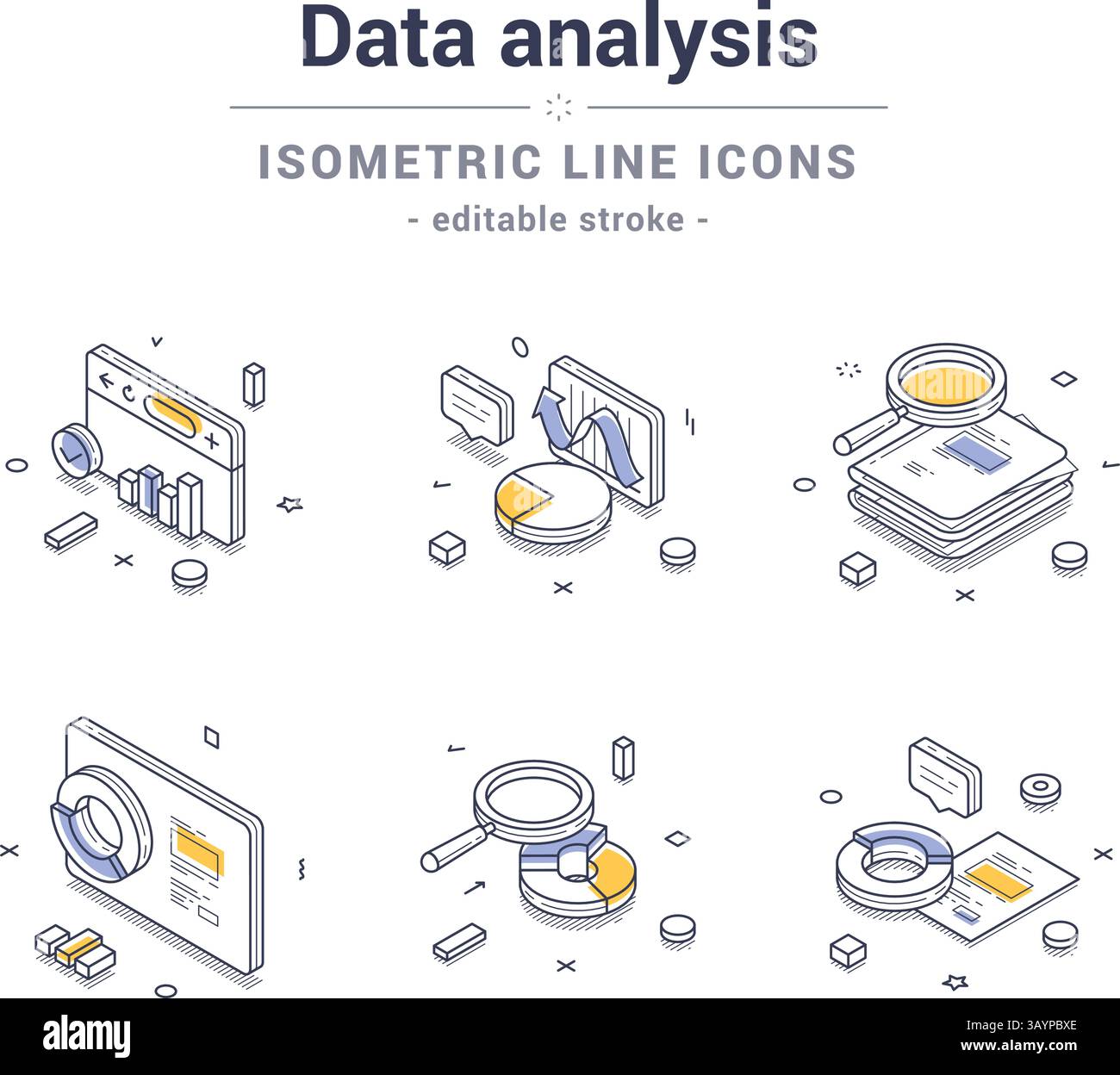 Isometric line icons representing various aspects of data analysis, including charts, graphs ...