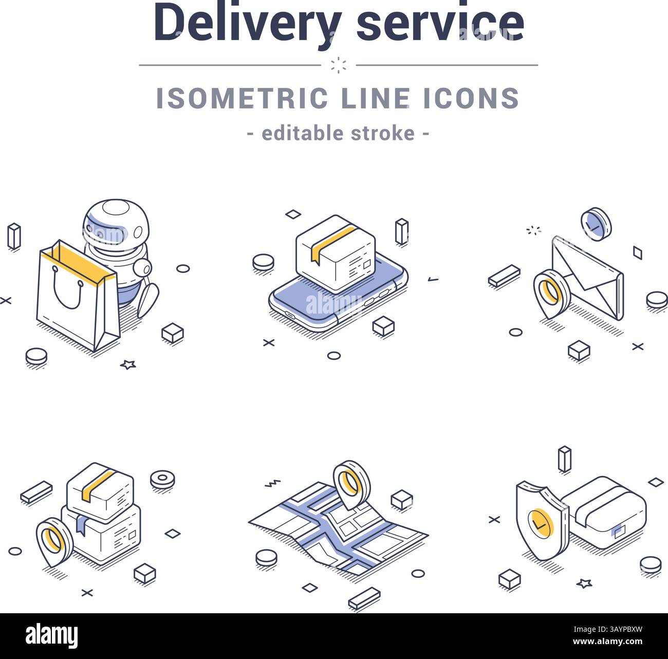 Various isometric line icons related to delivery service, illustrating ...