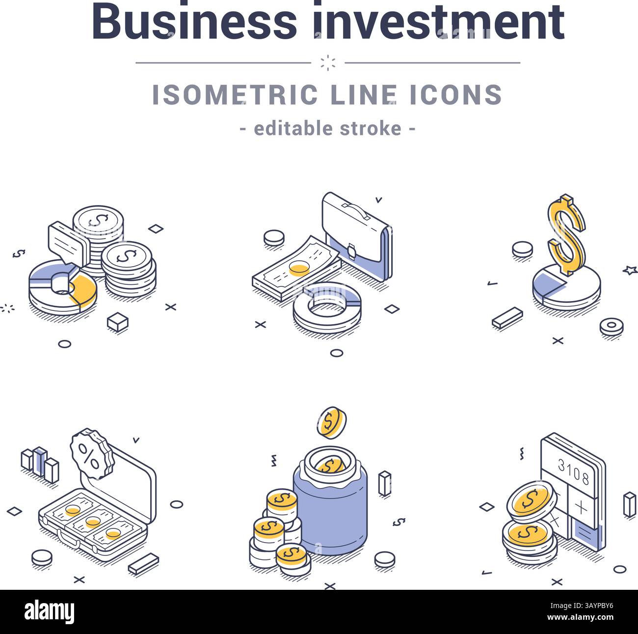 Various isometric line icons depicting key elements of business investment, including financial ...