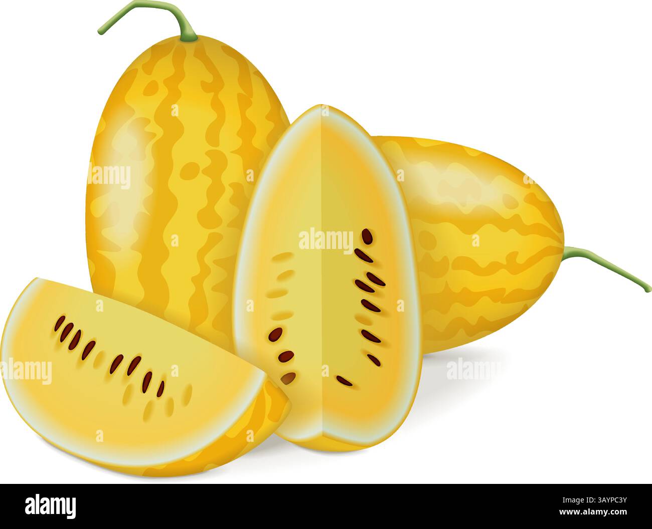 Group of whole and cut Gold in Gold watermelons. Citrullus lanatus ...