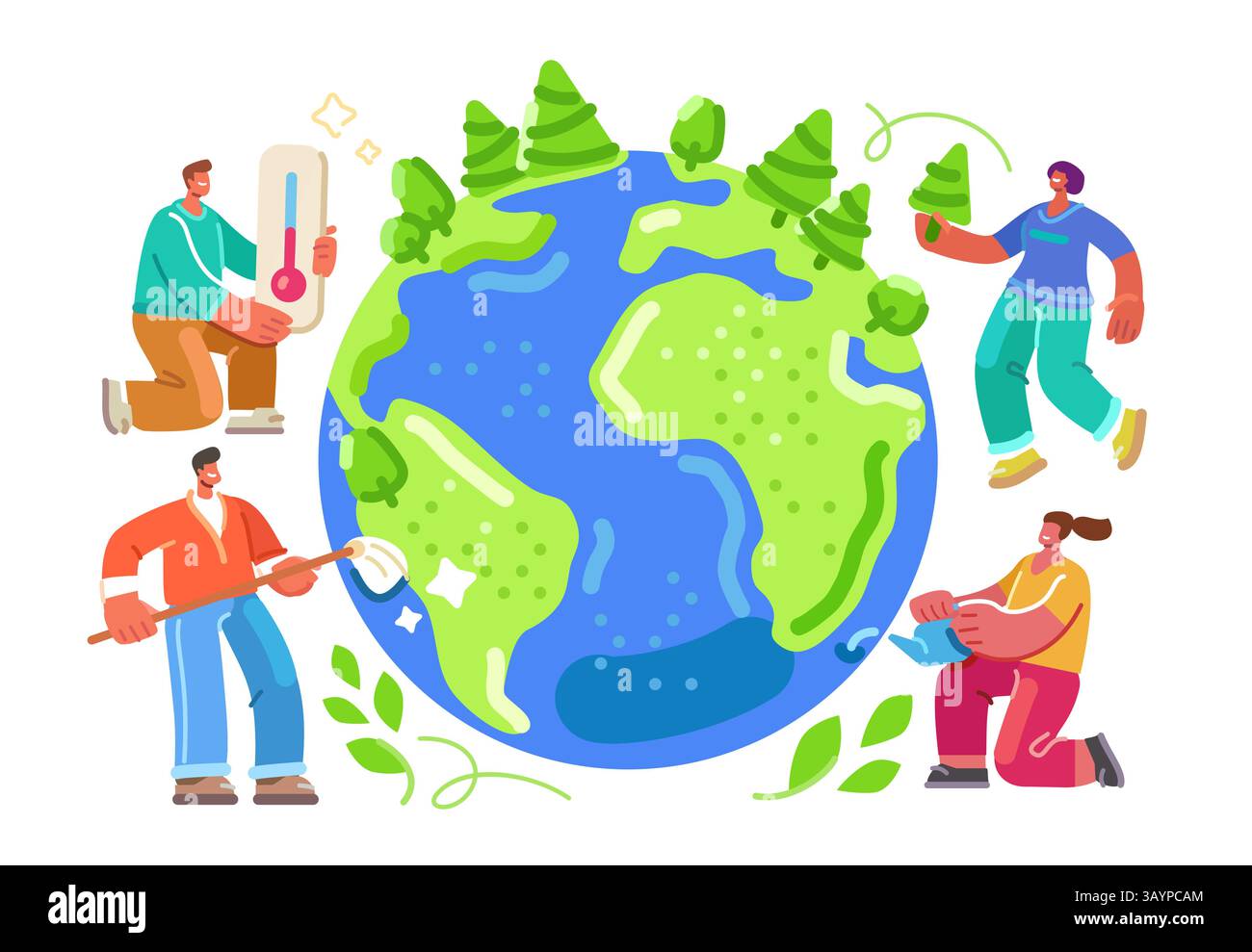Group of people working together care for clean ecology of planet globe ...