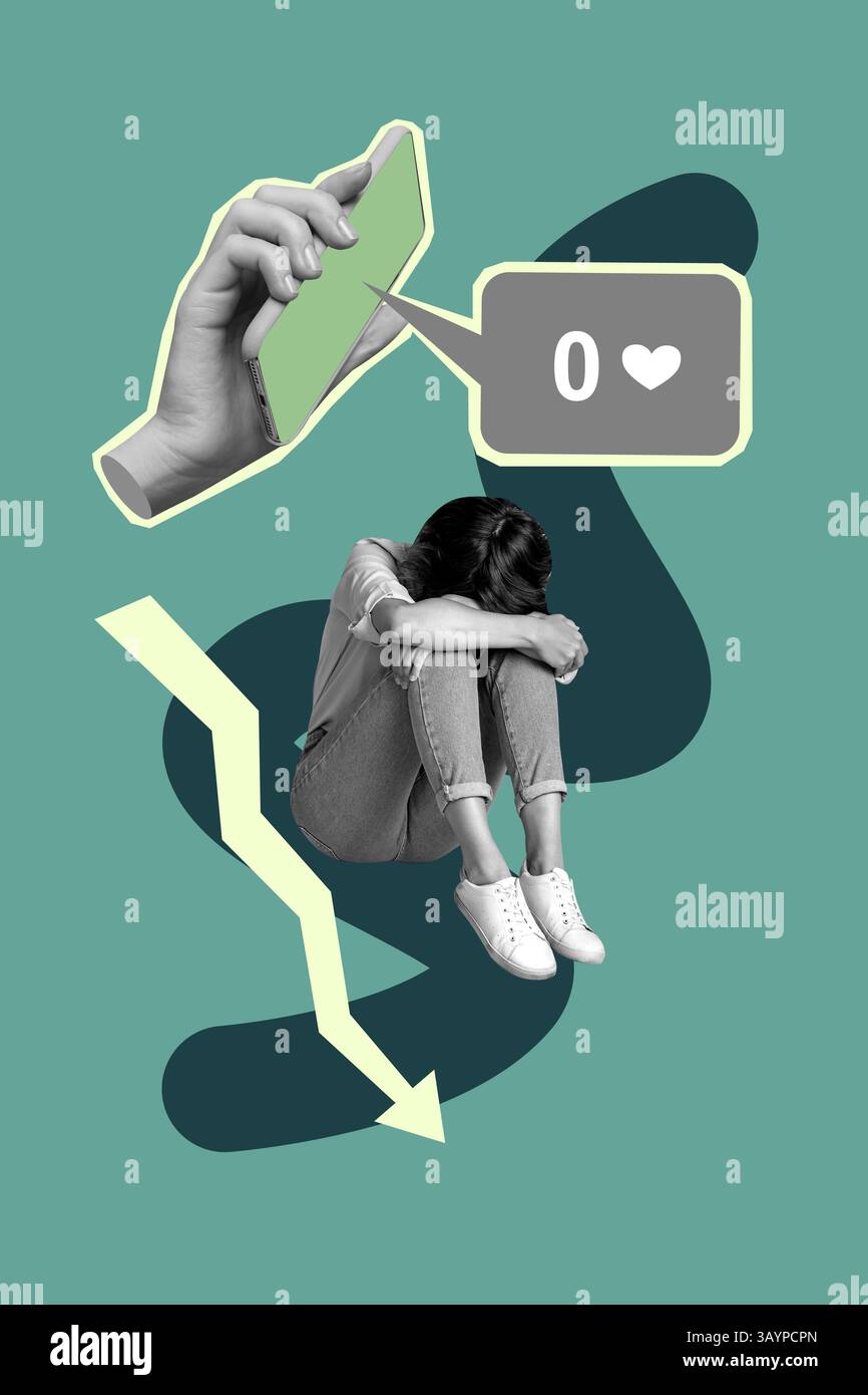 Banner trend collage of person with gadget having zero like crying on ...