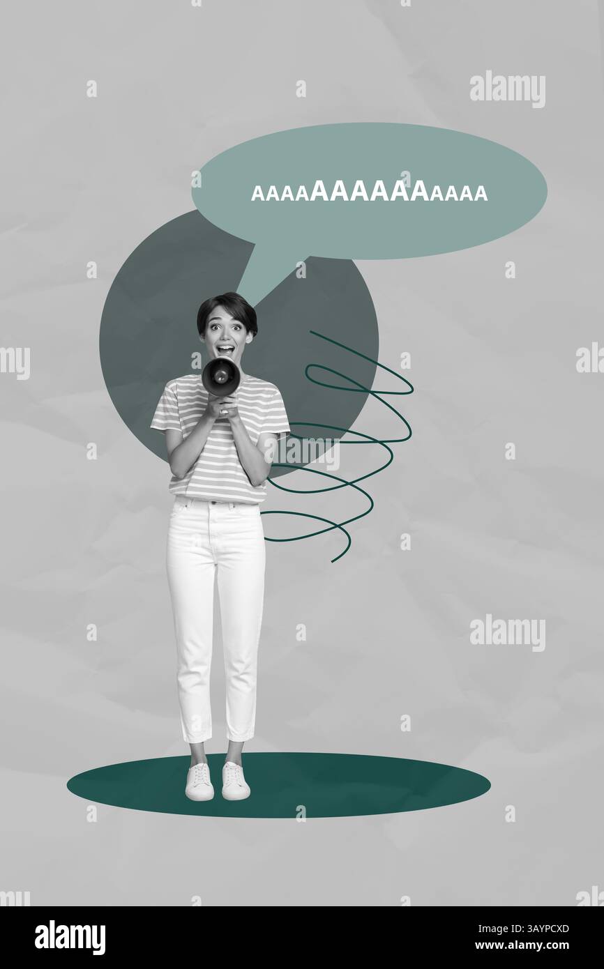 Poster creative collage of person shout megaphone speaking aaa letter ...