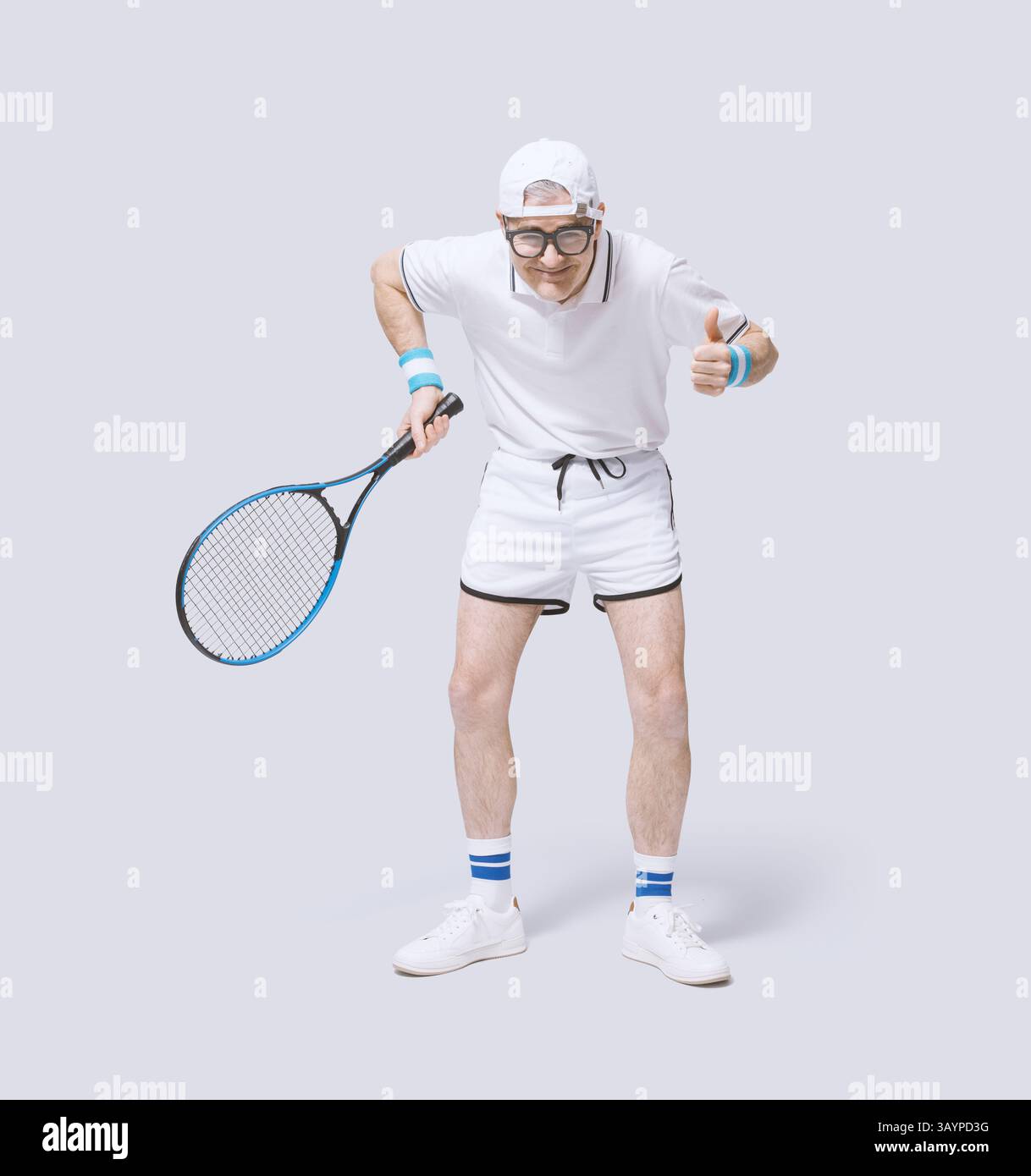 Funny nerdy tennis player holding the racket and celebrating his ...