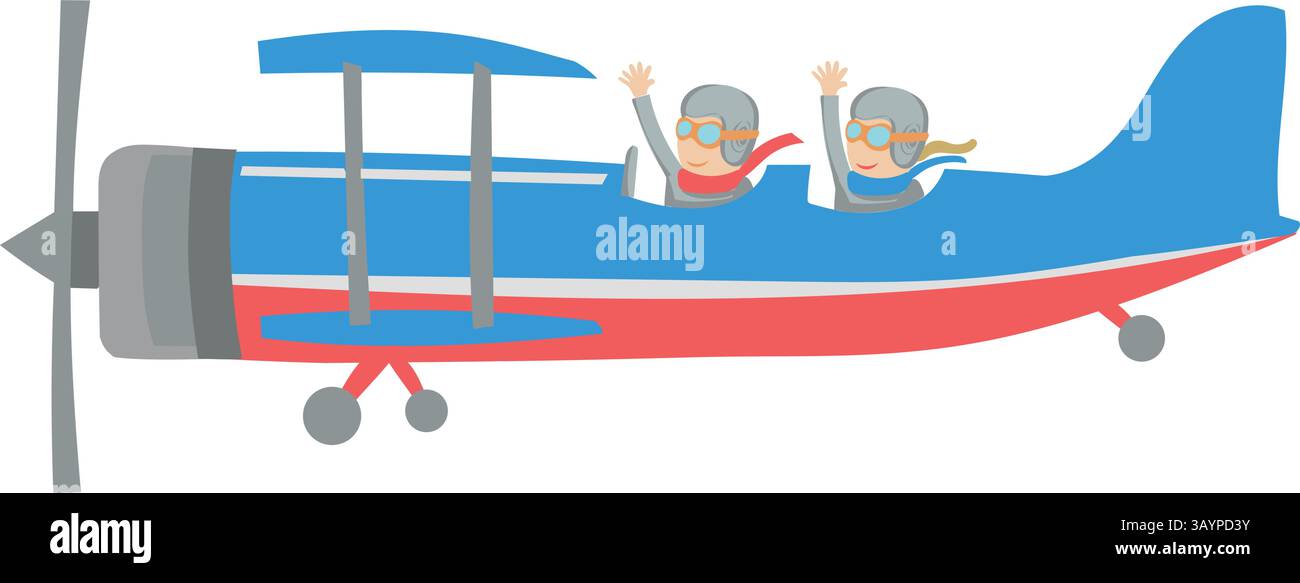 vintage airplane with couple in love waving. cartoon flat style Stock ...
