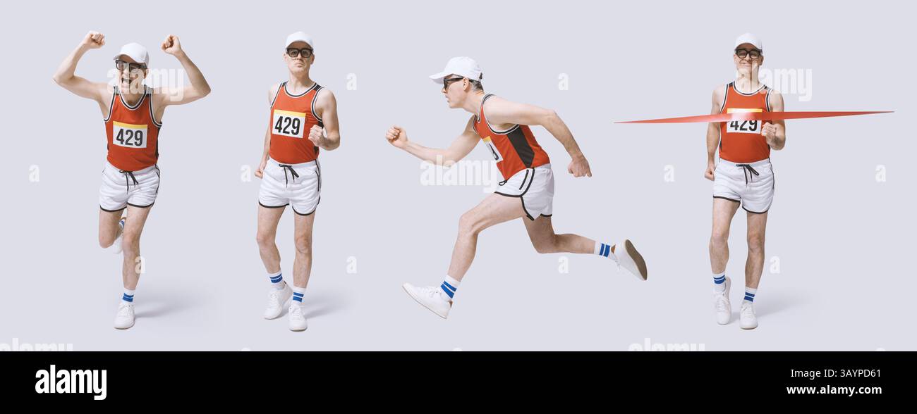 Collection of portraits of a funny athlete running a race, full length ...