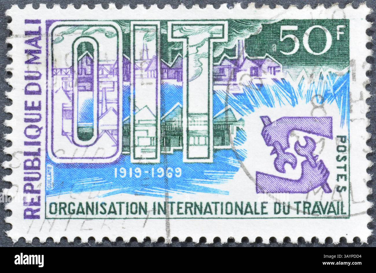 Cancelled postage stamp printed by Mali, that shows ILO Emblem and OIT, International Labor ...