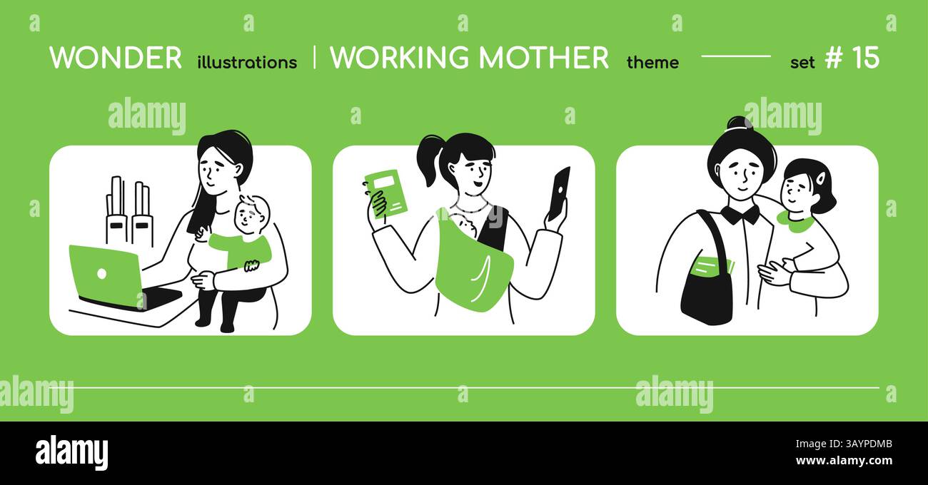 Modern working mother - line design style illustration Stock Vector ...