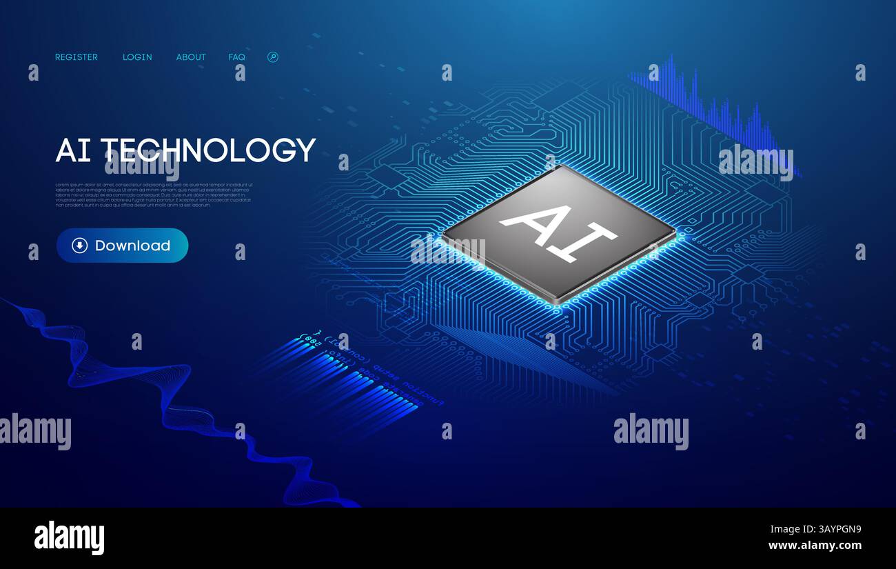 Futuristic 3D isometric PCB with AI chips BG. Blue Quantum Processor digital abstract design ...