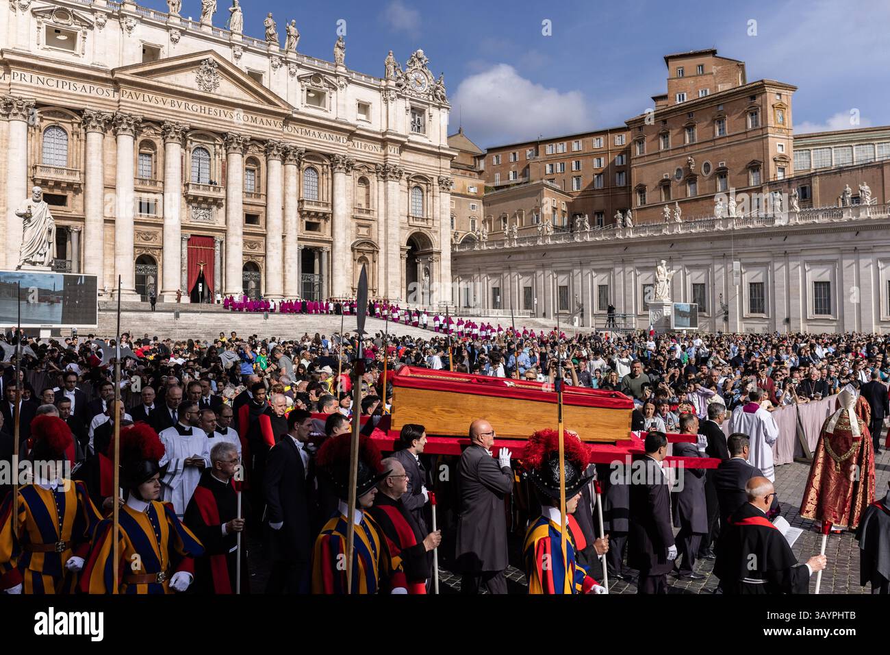 Vatican City, Vatican. 23rd Apr, 2025. Pallbearers carry the coffin of ...
