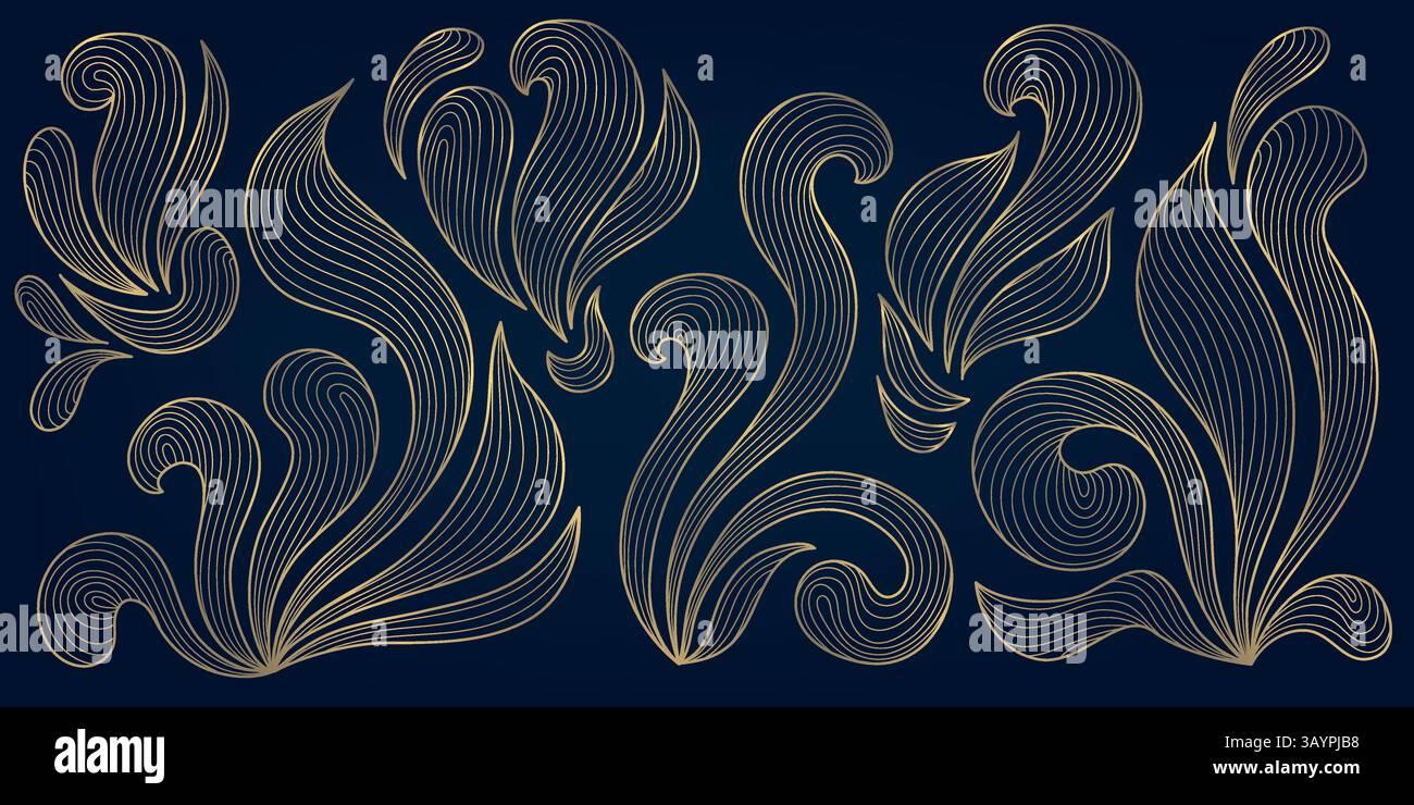 Vector set of art deco floral elements, line golden leaf swirl ornament. Plant petals boho ...