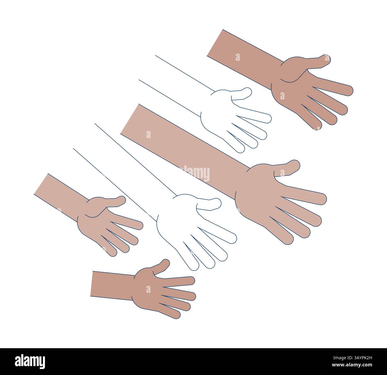 Many diverse hands reaching for help, resources vector illustration ...