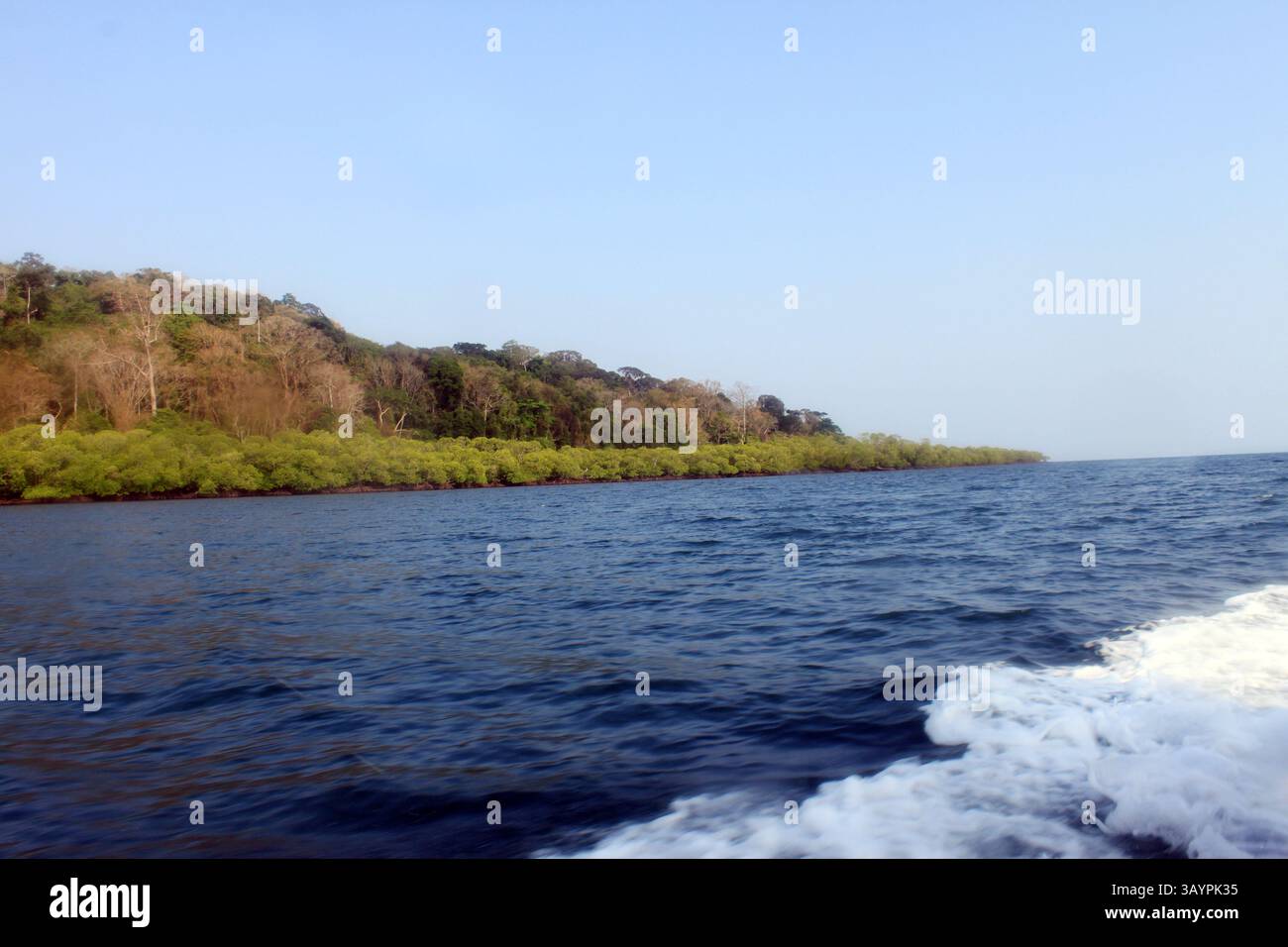 A scenic view of the tropical island coastline with deep blue waters ...