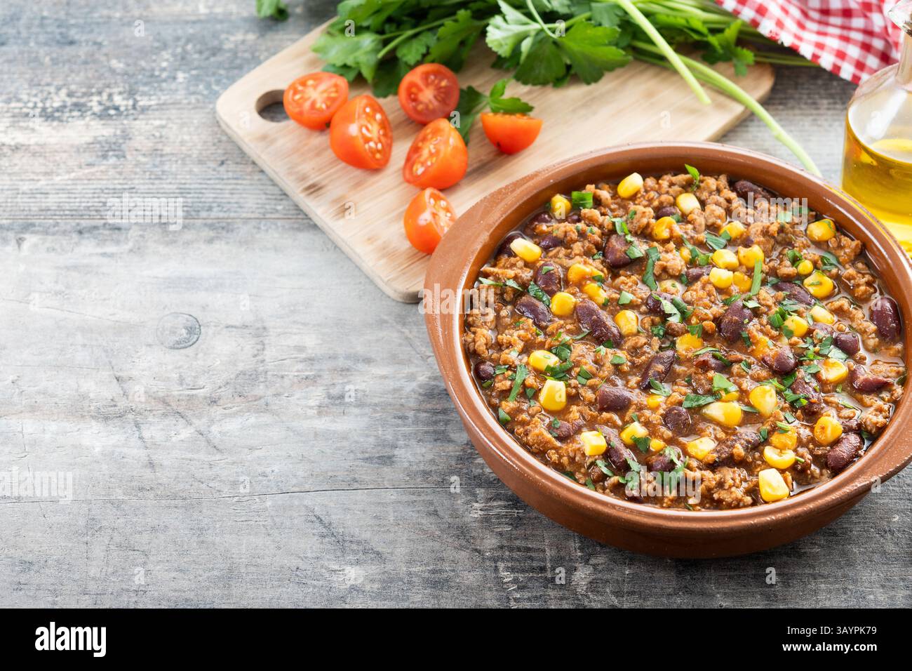 Traditional Mexican Chili con carne. Minced meat and vegetables stew in ...