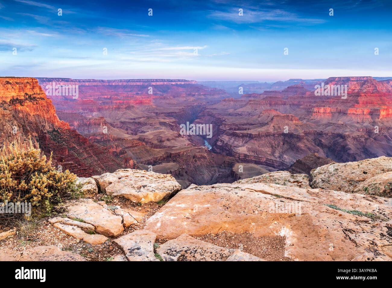 Grand Canyon at Dawn from the south rim. Rocks and vegetation in ...