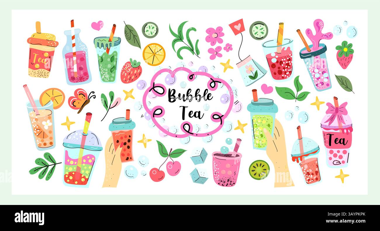 Bubble Tea Set a vibrant hand drawn vector collection of colorful bubble tea drinks, fruits ...