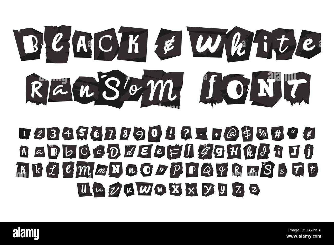 Ransom Collage Black White Font Letters Numbers On Paper Scraps Newspapers Pieces Anonymous