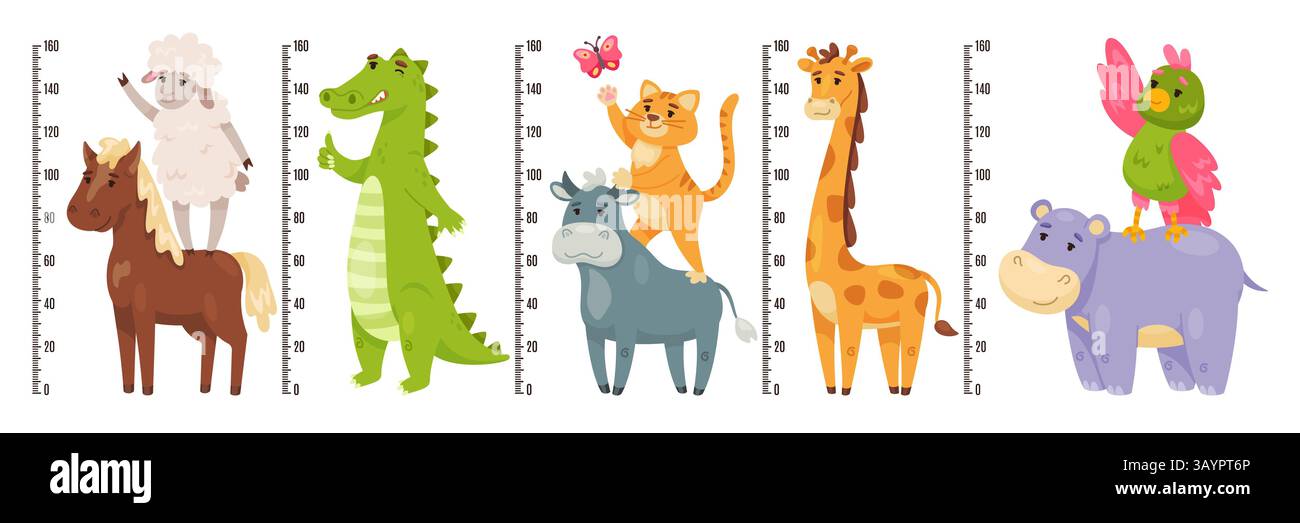 Kids growth rulers. Funny measuring scales, wall meters with cute high ...
