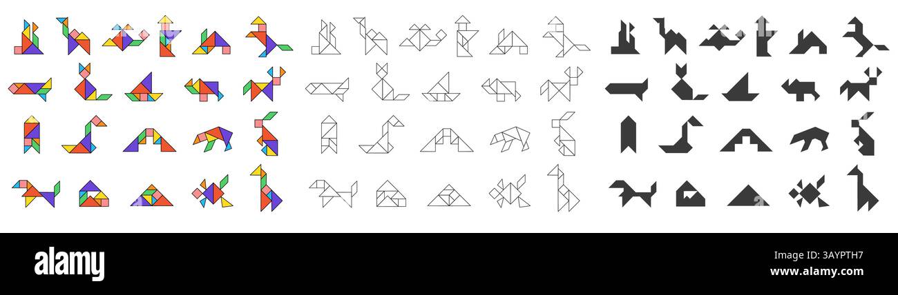 Tangram shapes. Traditional outline and silhouette Chinese geometric ...