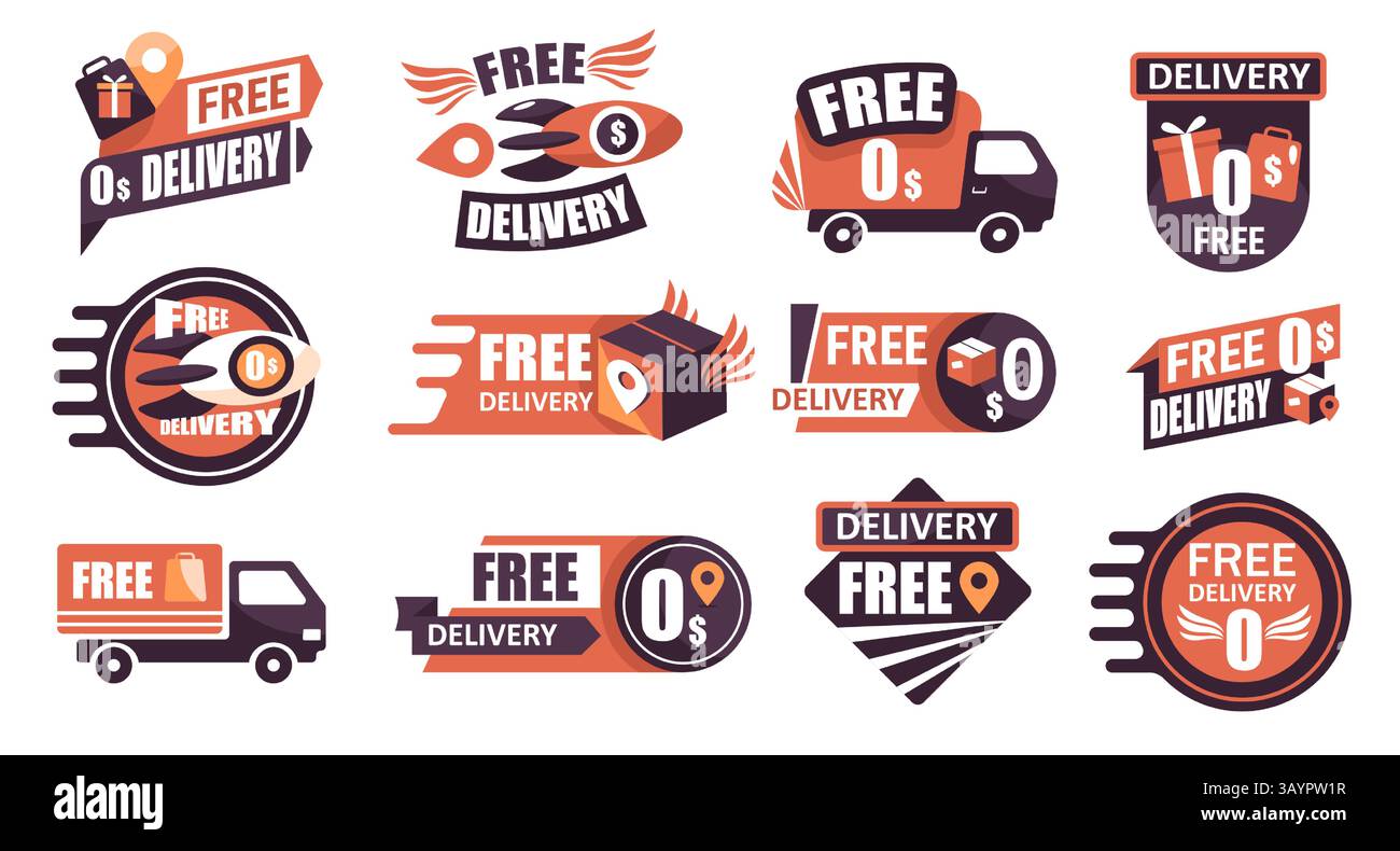 Fast delivery label. Quick delivery badge with truck, rocket, box and ...