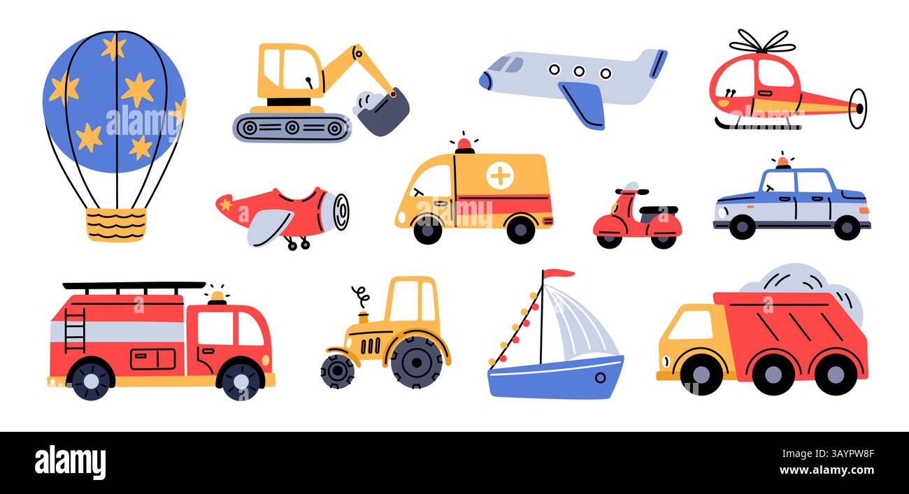 Color kids transport. Childish toys, cars, boats, airplanes and trucks ...
