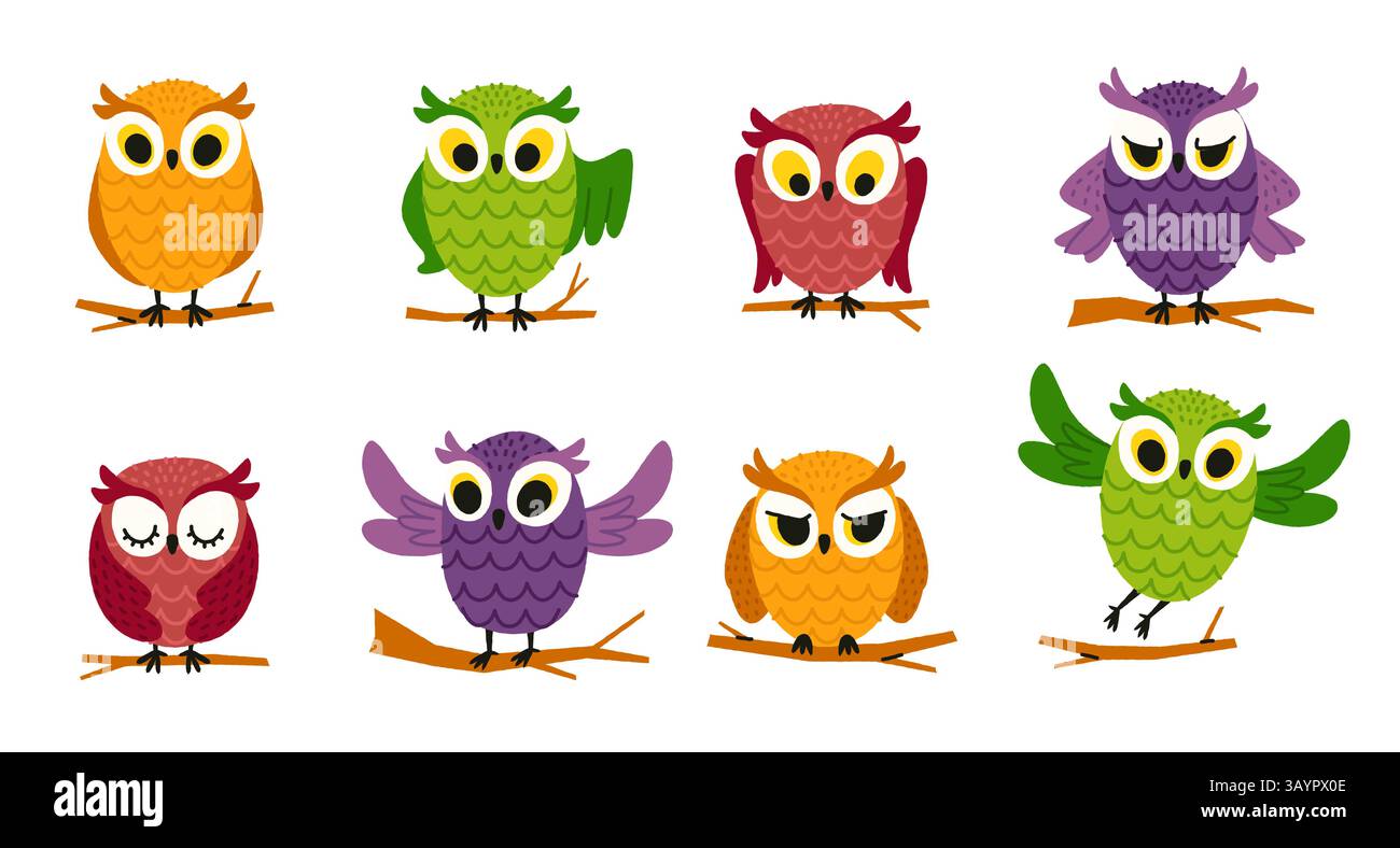 Cute owl on branch. Cartoon owl bird character, colorful zoo wildlife ...