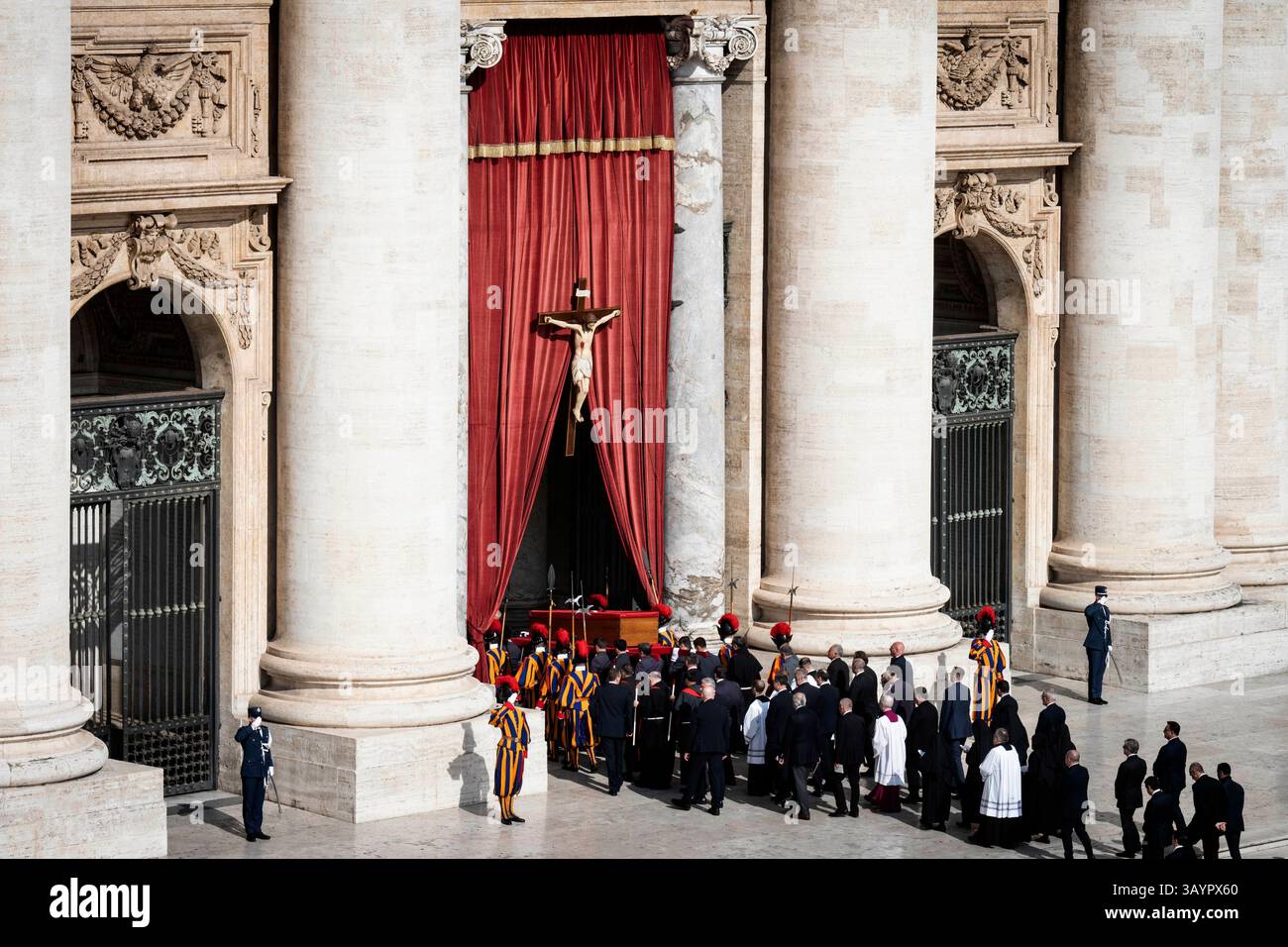 Arrival of the coffin of Pope Francis I at St. Peter's Basilica, April 23, 2025, in Vatican City ...
