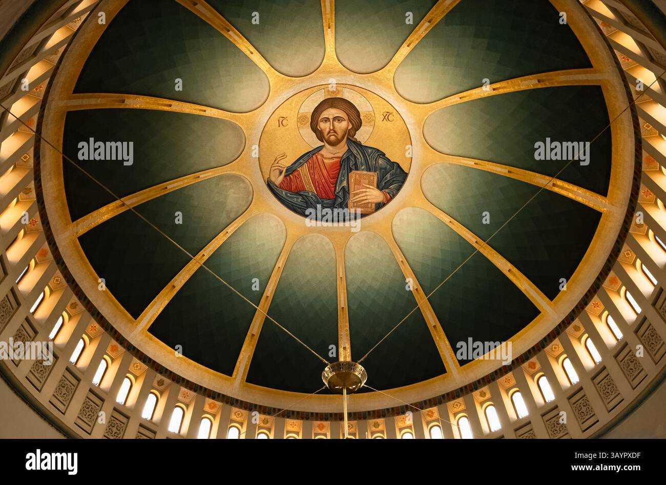 The fresco of Jesus on the ceiling of a an Orthodox Church. Dome ...