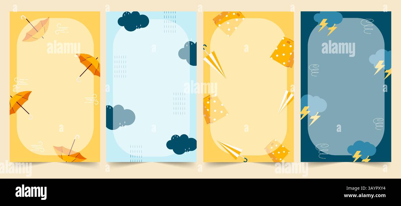 Set of minimalist seasonal weather themes with umbrellas and clouds ...