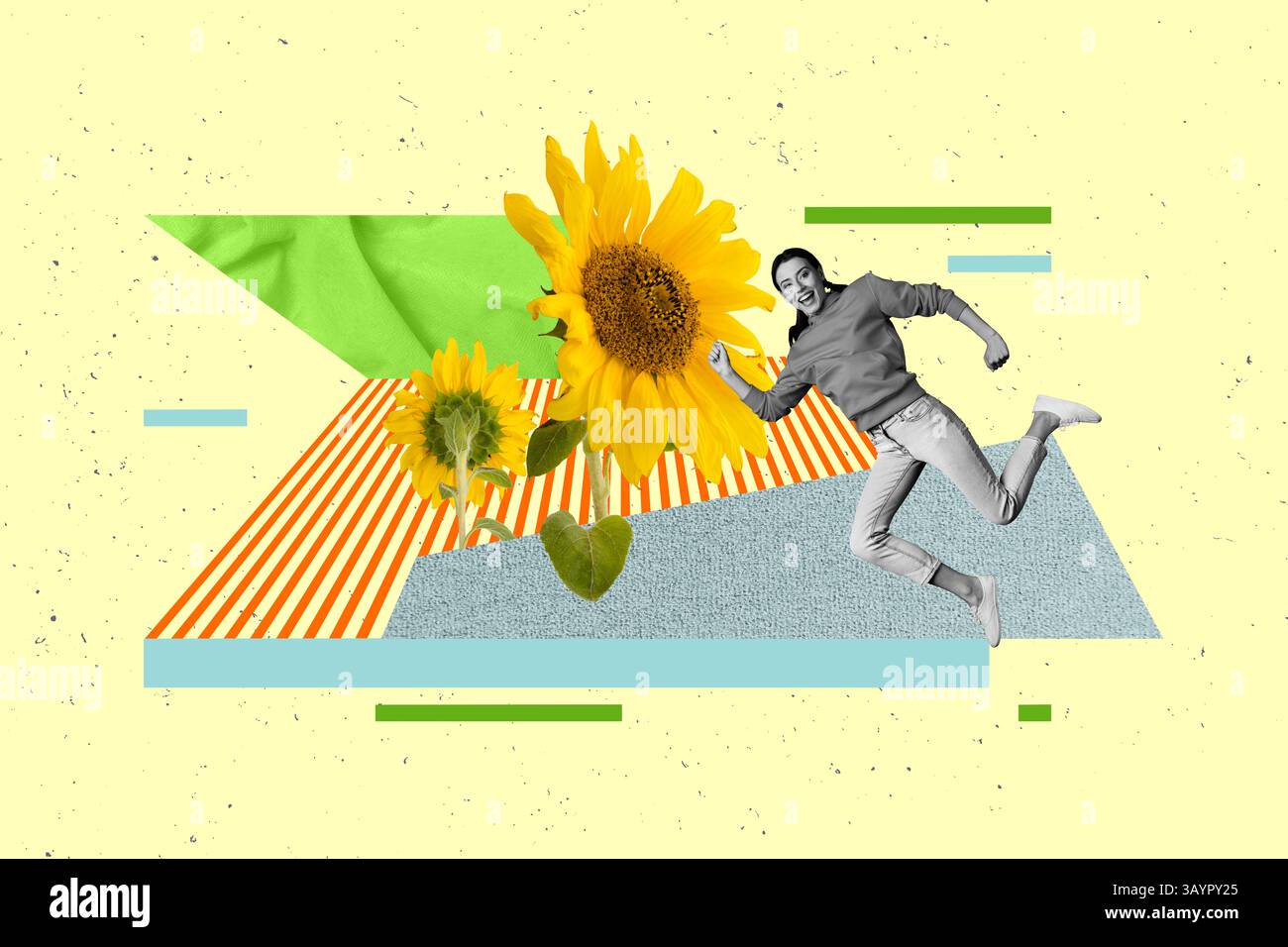 Trend collage poster of person run air fly on grass lawn sun flowers ...